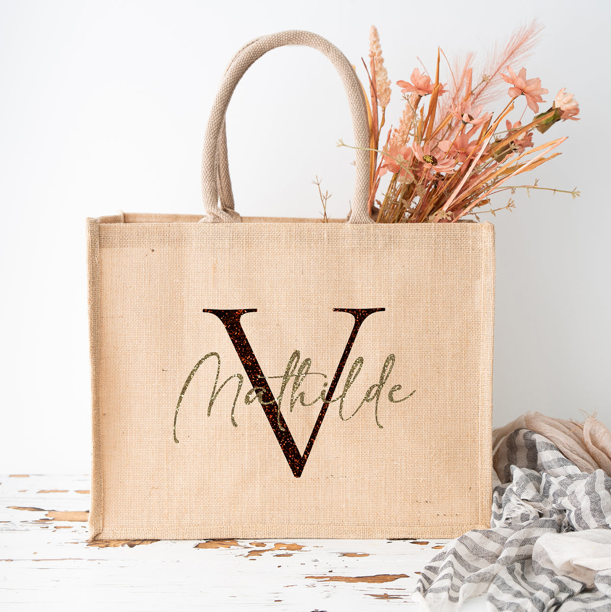 Sac cabas en toile de jute personnalisé, Modèle Initiale et prénom ...